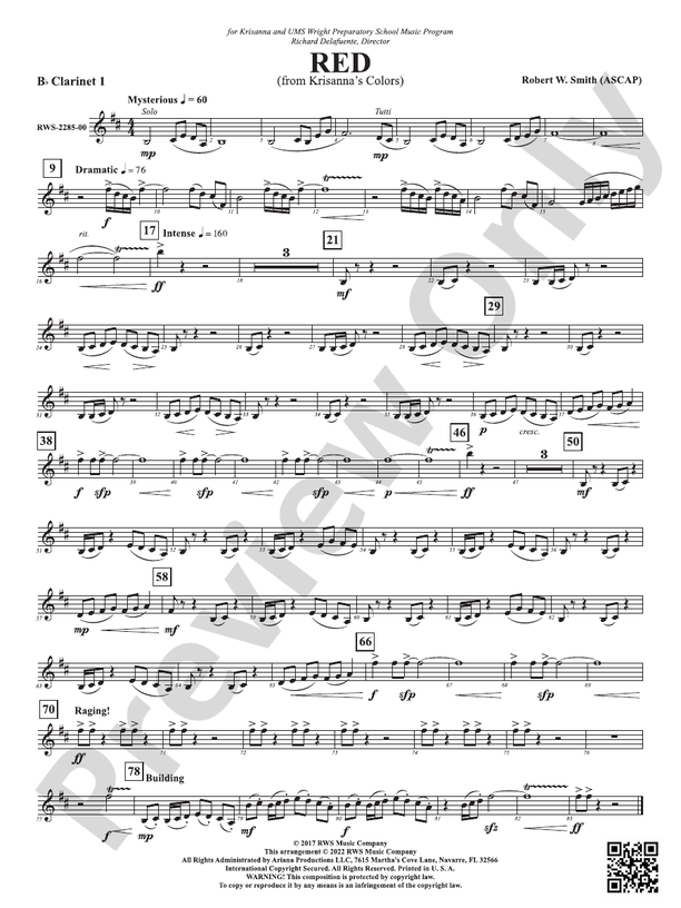 Red - From Krisanna's Colors: 1st B-flat Clarinet: 1st B-flat Clarinet Part: Robert W. Smith ...