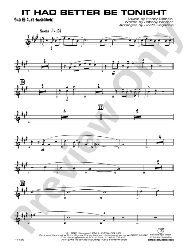 It Had Better Be Tonight: 2nd E-flat Alto Saxophone: 2nd E-flat Alto Saxophone Part - Digital ...