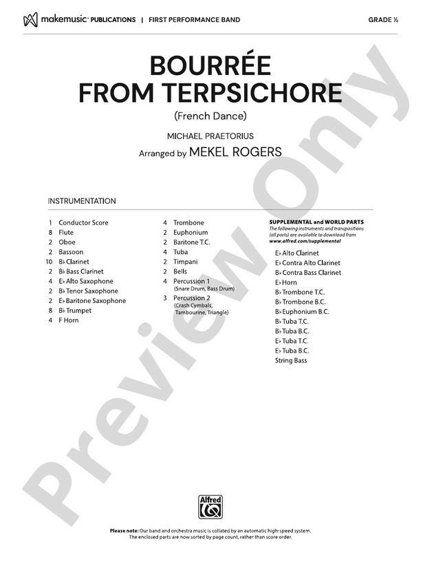Bourrée from Terpsichore: Concert Band Conductor Score & Parts: Michael ...