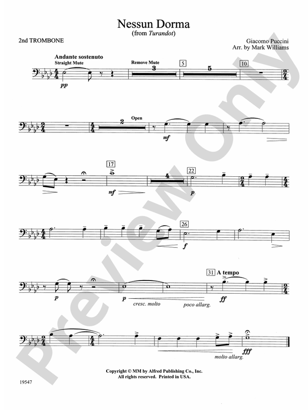 Nessun Dorma: 2nd Trombone: 2nd Trombone Part - Digital Sheet Music Download