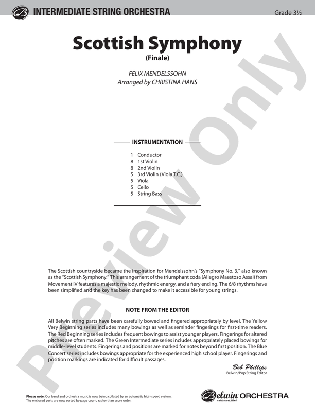 Scottish Symphony: String Orchestra Conductor Score & Parts: Felix Mendelssohn - Digital Sheet ...