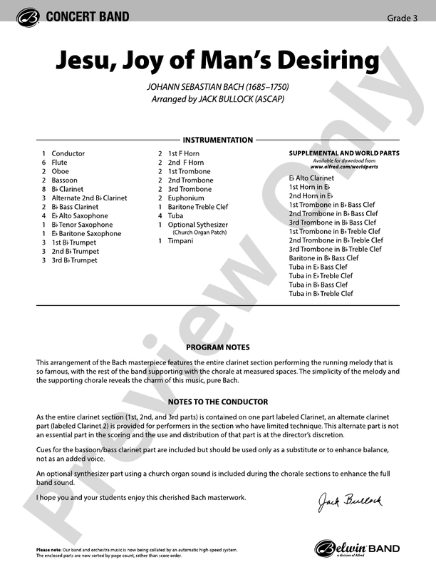 Jesu, Joy of Man's Desiring: Concert Band Conductor Score & Parts ...