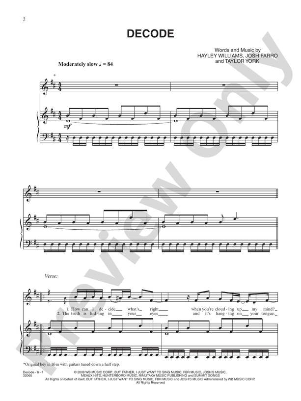 Decode: Piano/Vocal/Chords: Paramore - Digital Sheet Music Download