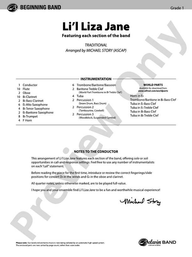Li'l Liza Jane: Concert Band Conductor Score & Parts - Digital Sheet ...