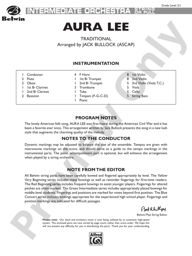 Aura Lee: Full Orchestra Conductor Score & Parts - Digital Sheet Music Download