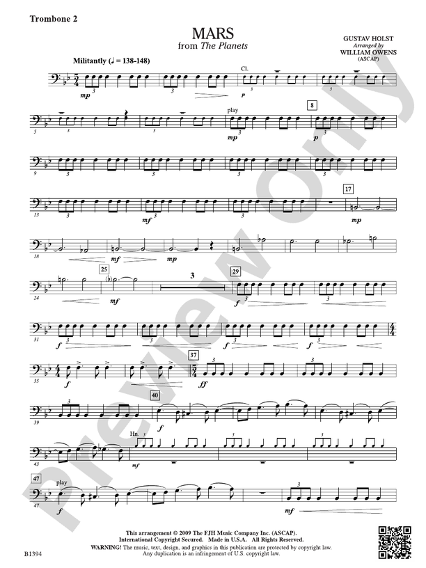 Mars from The Planets: Trombone 2: Trombone 2 Part: Gustav Holst ...