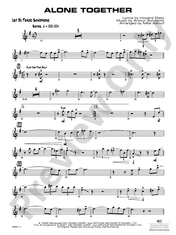 Alone Together: B-flat Tenor Saxophone: B-flat Tenor Saxophone Part ...