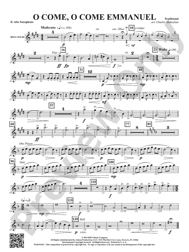 O Come, O Come Emmanuel: 1st E-flat Alto Saxophone: 1st E-flat Alto Saxophone Part - Digital ...