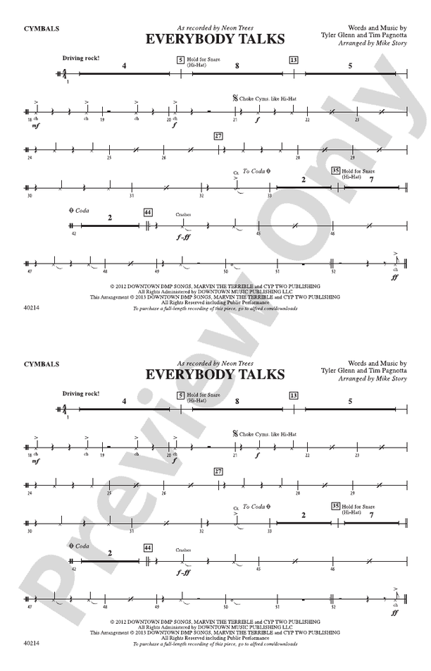 Everybody Talks: Cymbals: Cymbals Part - Digital Sheet Music Download