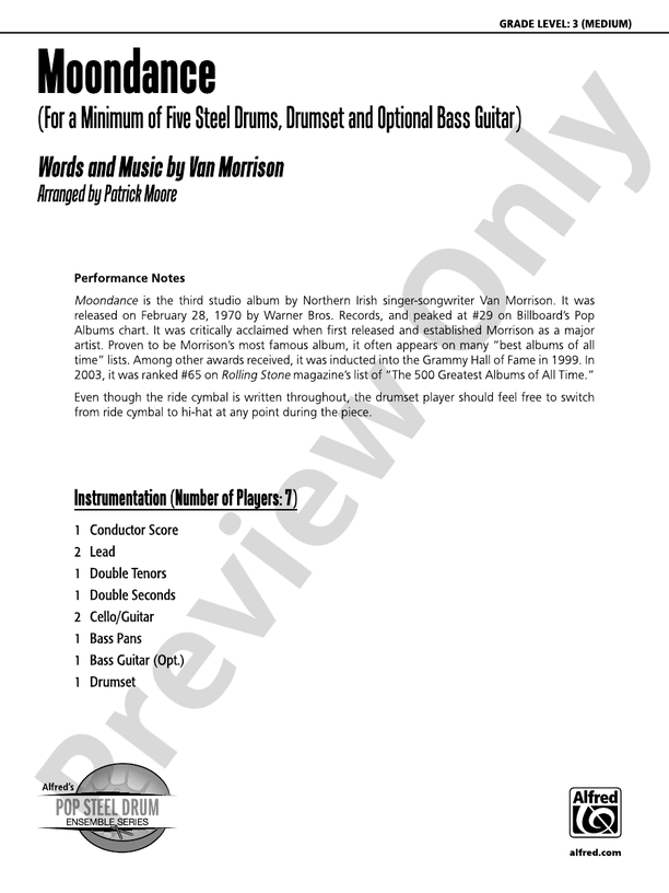 Moondance: Score: Steel Drum Score - Digital Sheet Music Download