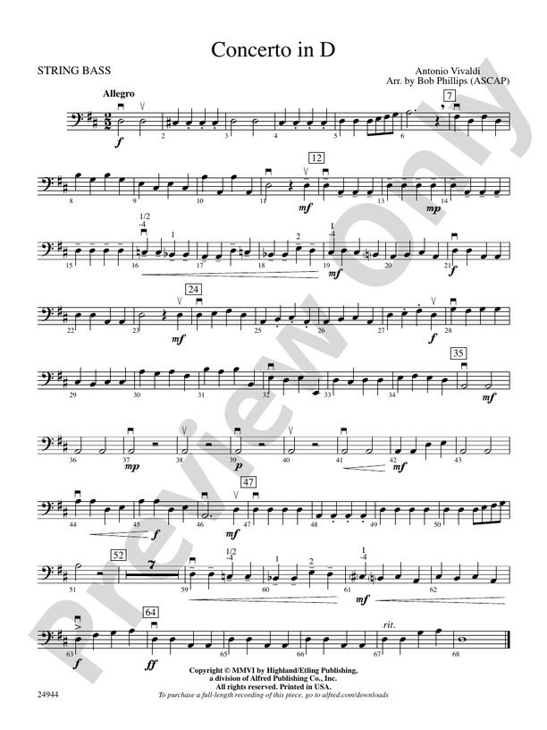 Concerto in D: String Bass: String Bass Part - Digital Sheet Music Download