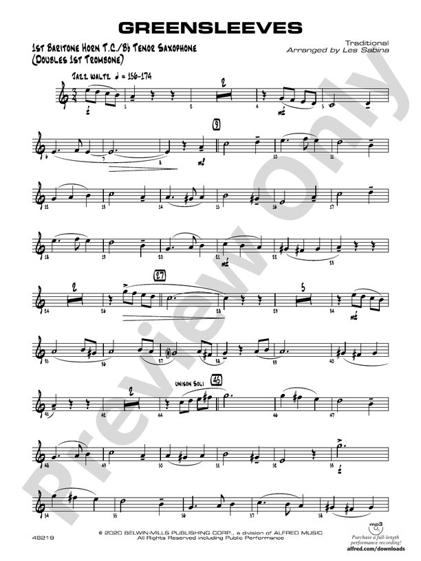 Greensleeves: Baritone T.C.: Baritone T.C. Part - Digital Sheet Music Download