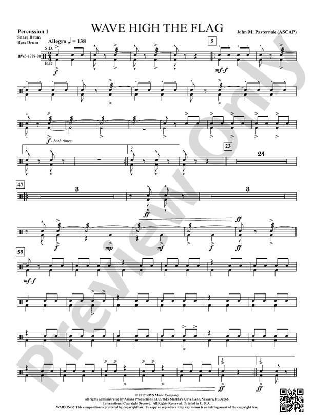 Wave High the Flag: 1st Percussion: 1st Percussion Part: John M. Pasternak - Digital Sheet Music ...