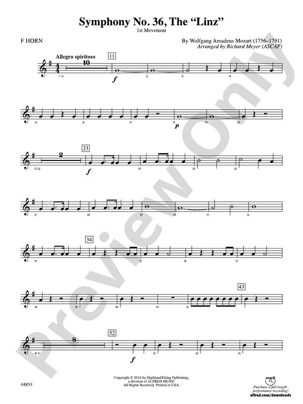 Symphony No. 36, The "Linz": 1st F Horn: 1st F Horn Part - Digital Sheet Music Download