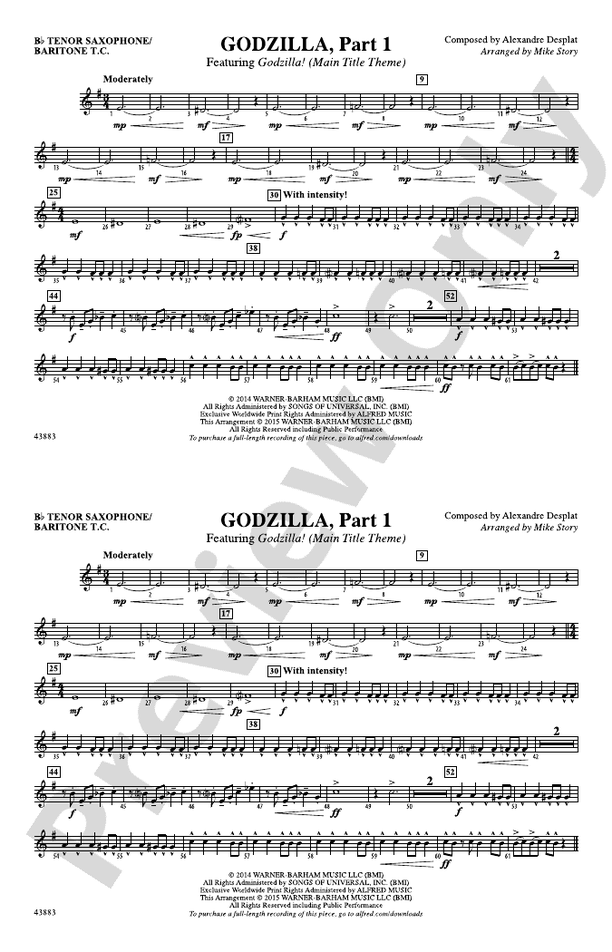 Godzilla, Part 1: Bb Tenor Saxophone/Bartione Treble Clef: Bb Tenor ...