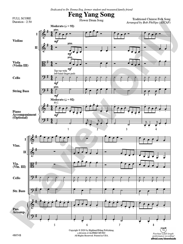 Feng Yang Song: Score: String Orchestra Score - Digital Sheet Music Download