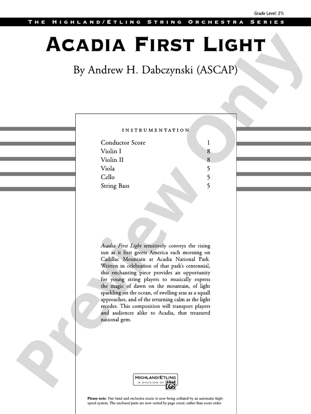 Acadia First Light: String Orchestra Conductor Score & Parts: Andrew H ...