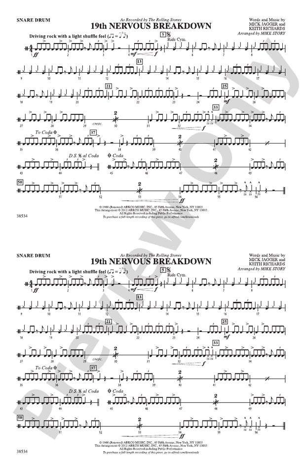19th Nervous Breakdown: Snare Drum: Snare Drum Part - Digital Sheet ...
