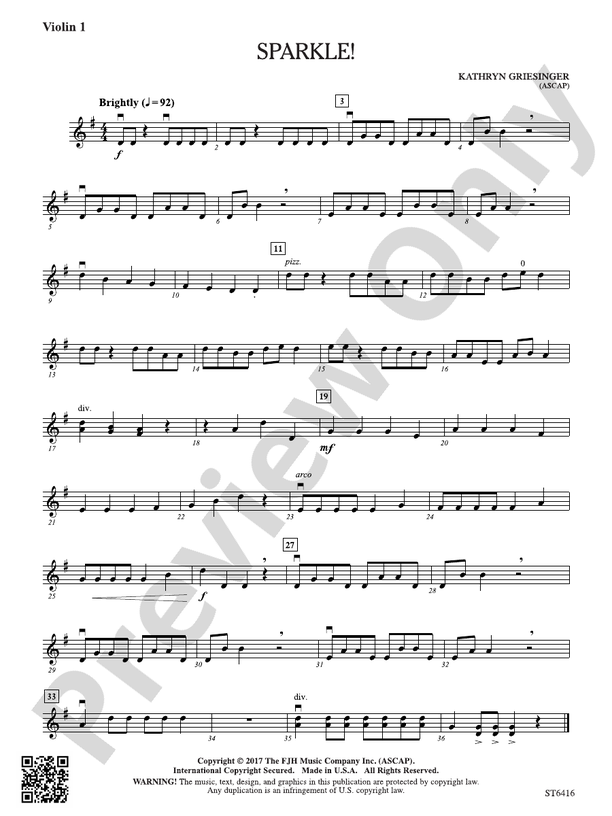 Sparkle!: Violin 1: Violin 1 Part: Kathryn Griesinger - Digital Sheet Music Download