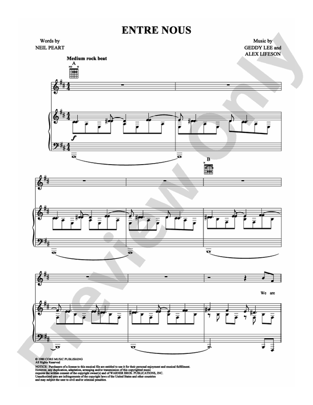Entre Nous: Piano/Vocal/Chords: Rush - Digital Sheet Music Download