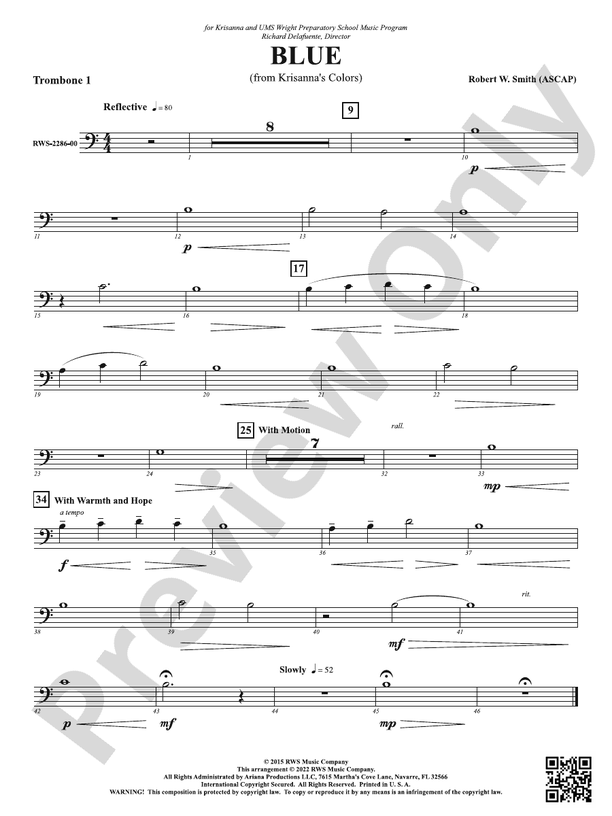 Blue - From Krisanna's Colors: 1st Trombone: 1st Trombone Part: Robert W. Smith - Digital Sheet ...