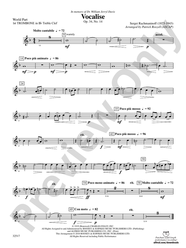 Vocalise, Op. 34, No. 14: (wp) 1st B-flat Trombone T.C.: (wp) 1st B ...