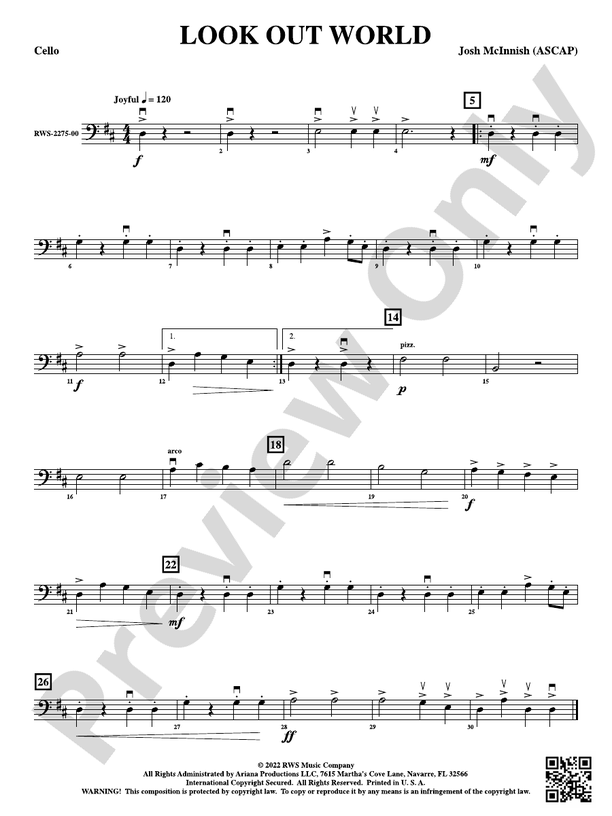 Look Out World: Cello: Cello Part: Josh McInnish - Digital Sheet Music ...