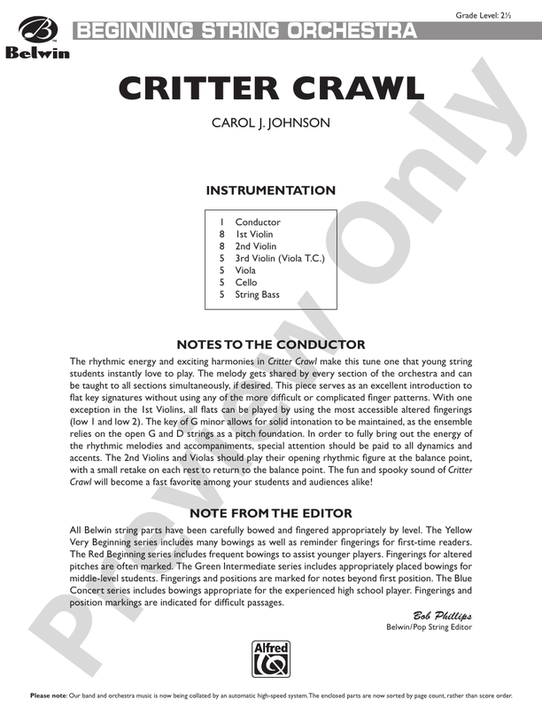 Critter Crawl: String Orchestra Conductor Score & Parts: Carol J ...