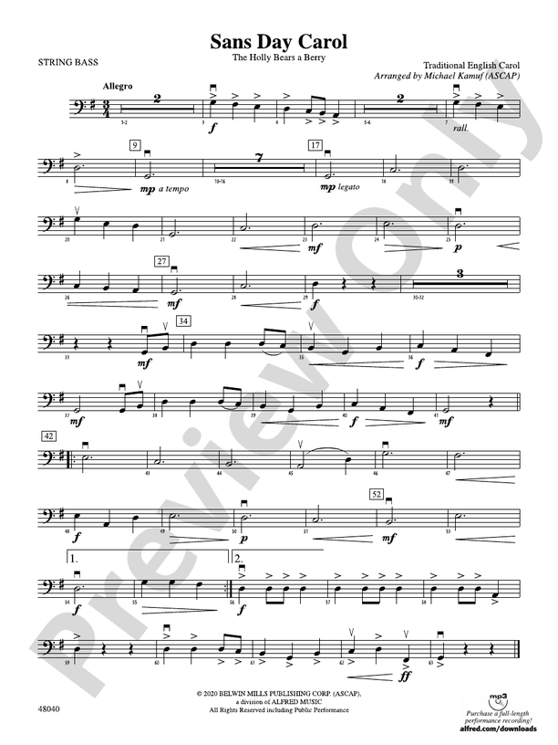 Sans Day Carol: String Bass: String Bass Part - Digital Sheet Music ...