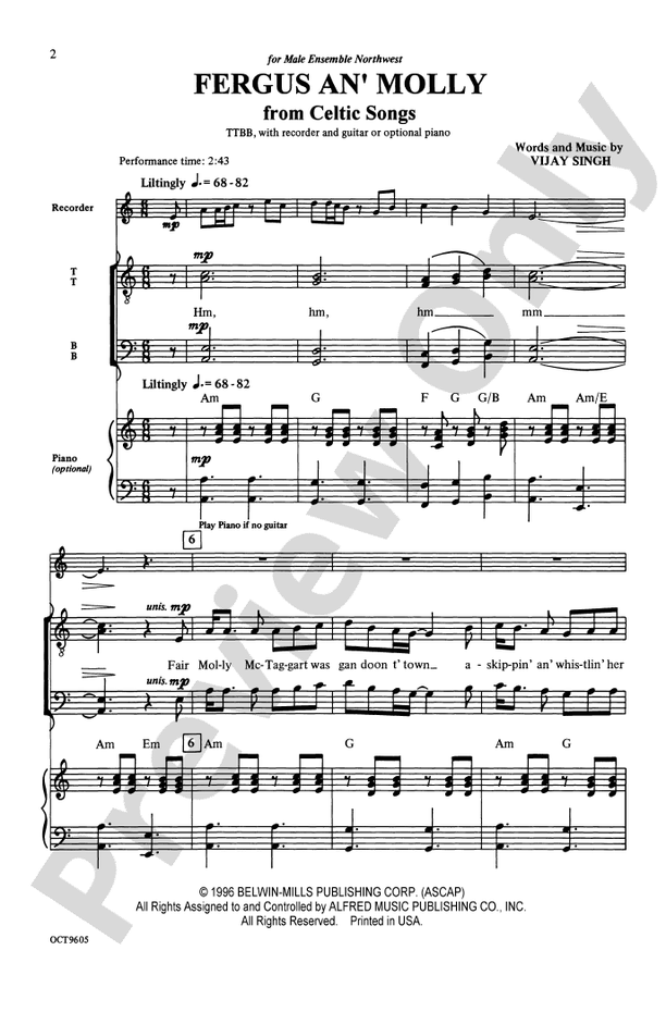 Fergus an' Molly (from Celtic Songs): TTBB Choral Octavo: Vijay Singh ...
