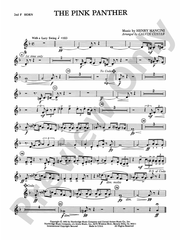 The Pink Panther: 2nd F Horn: 2nd F Horn Part - Digital Sheet Music ...