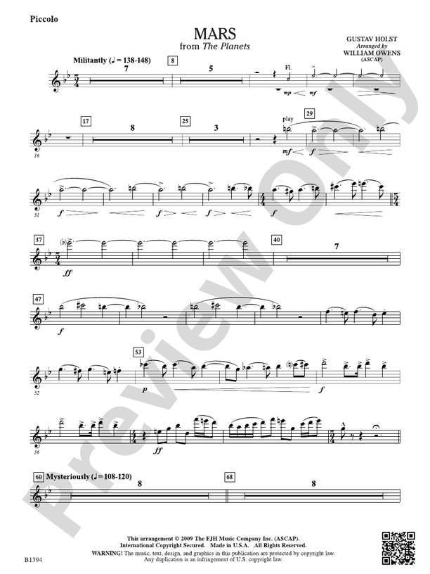 Mars from The Planets: Piccolo: Piccolo Part: Gustav Holst - Digital ...