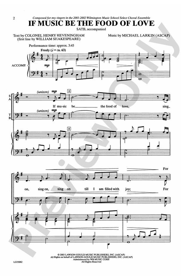 If Music Be the Food of Love: SATB Choral Octavo: Michael Larkin ...