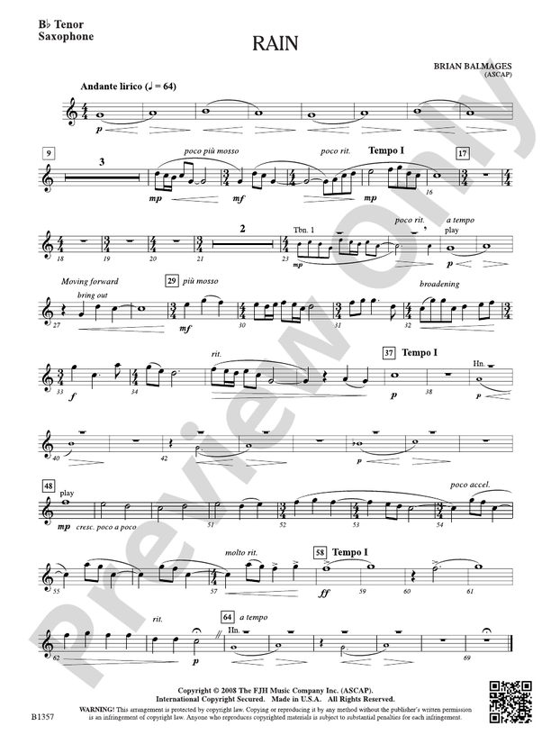Rain B Flat Tenor Saxophone B Flat Tenor Saxophone Part Brian 0190