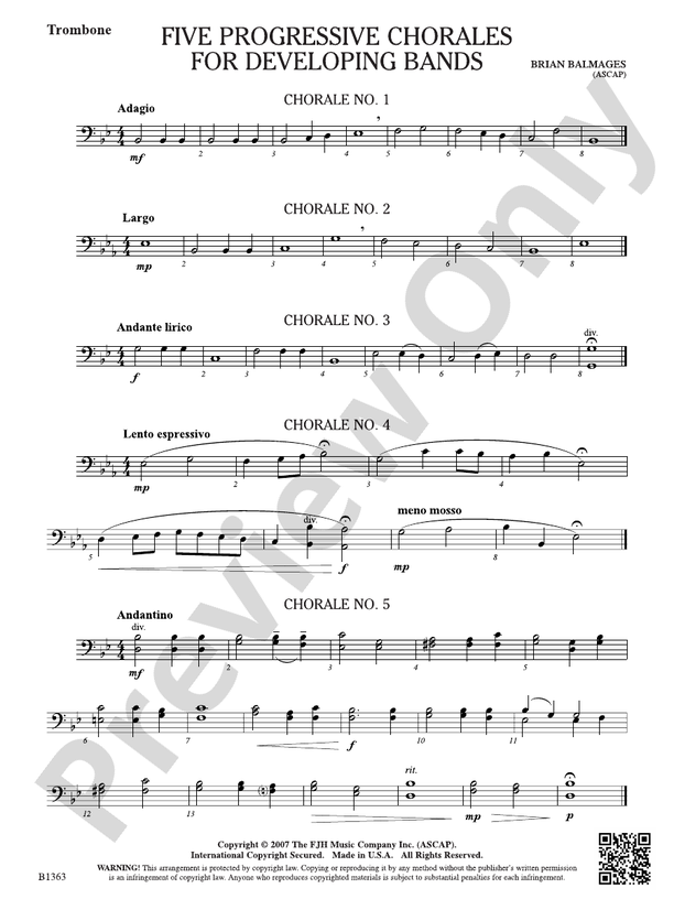 Five Progressive Chorales for Developing Bands: Trombone: Trombone Part ...