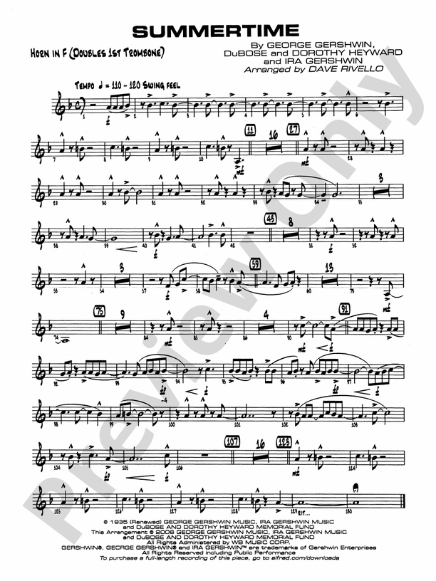 Summertime: 1st F Horn: 1st F Horn Part - Digital Sheet Music Download
