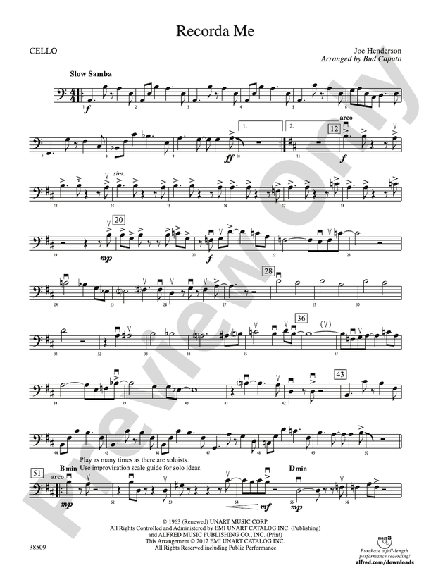 Recorda Me: Cello: Cello Part - Digital Sheet Music Download
