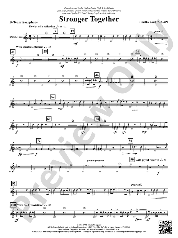 Stronger Together: B-flat Tenor Saxophone: B-flat Tenor Saxophone Part: Timothy Loest - Digital ...