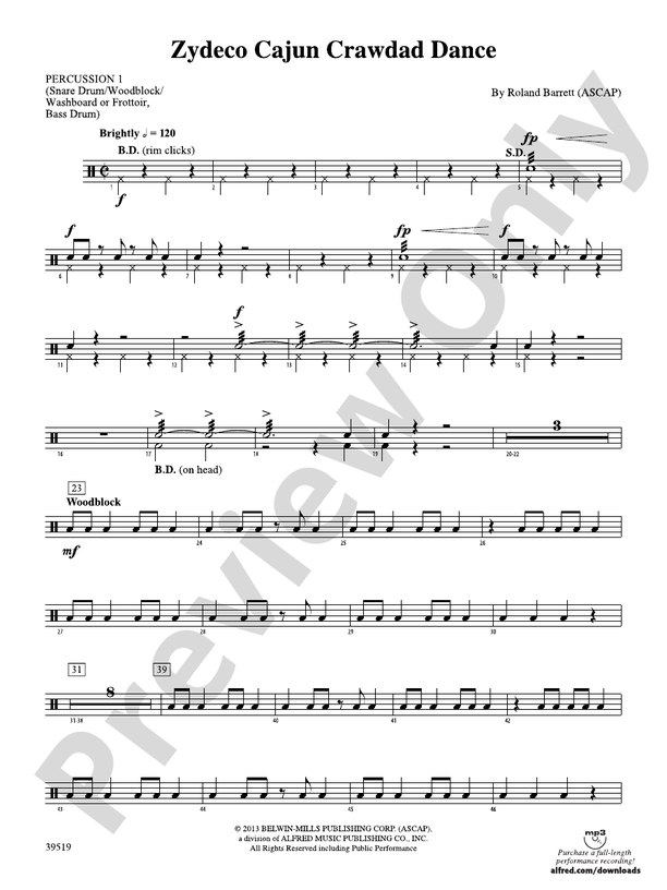 Zydeco Cajun Crawdad Dance: 1st Percussion: 1st Percussion Part ...