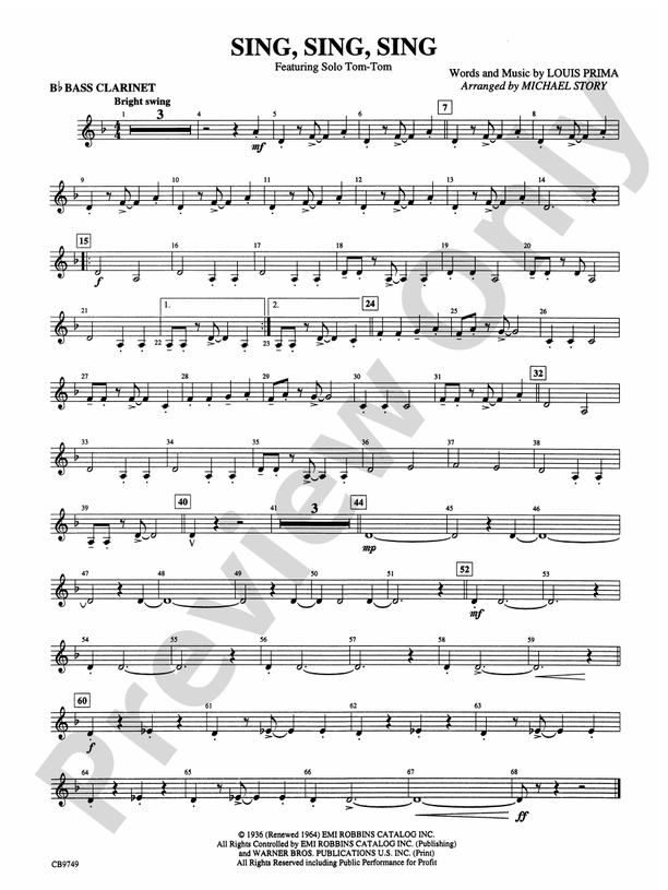 Sing, Sing, Sing (featuring Solo Tom-Tom): B-flat Bass Clarinet: B-flat ...