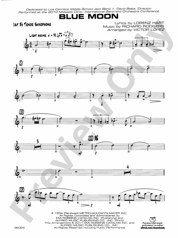 Blue Moon: B-flat Tenor Saxophone: B-flat Tenor Saxophone Part ...