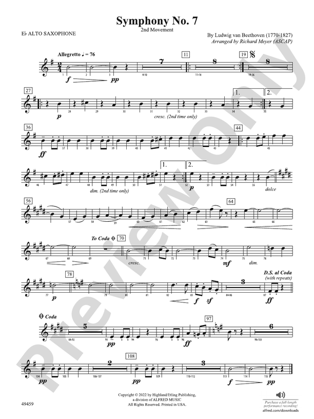 Symphony No. 7: E-flat Alto Saxophone: E-flat Alto Saxophone Part - Digital Sheet Music Download
