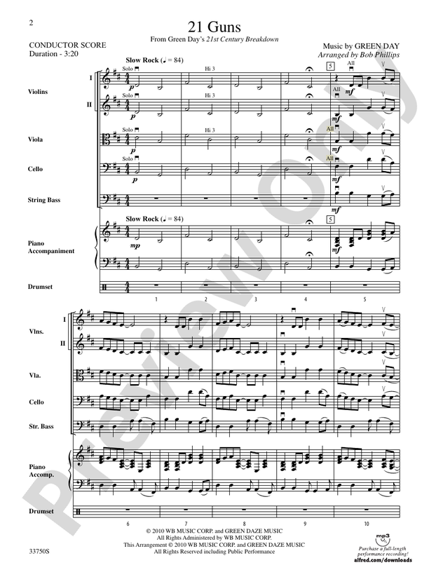 21 Guns: String Orchestra Conductor Score & Parts: Green Day - Digital ...