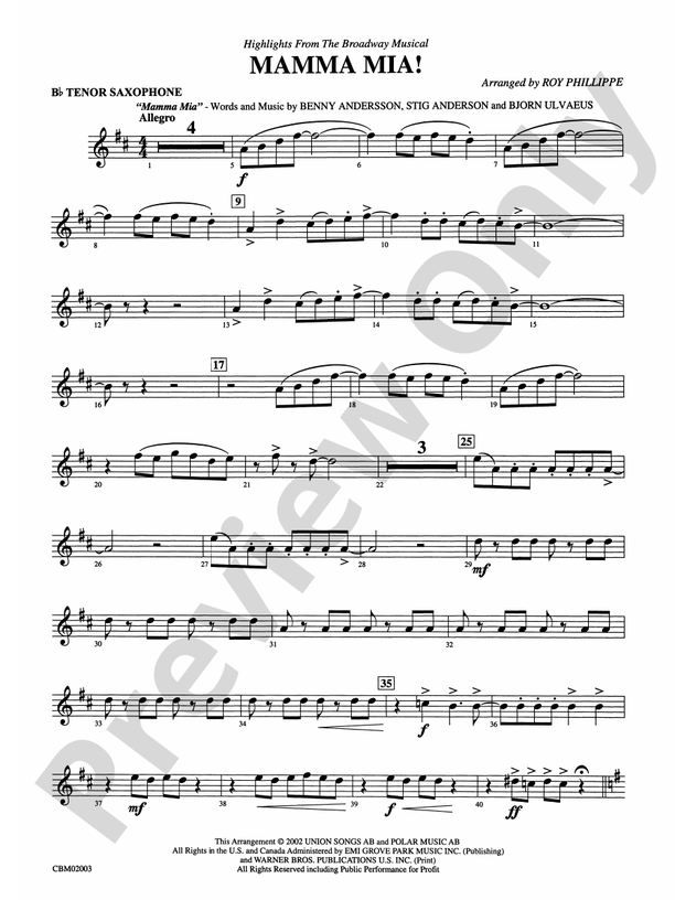 Mamma Mia! -- Highlights from the Broadway Musical: B-flat Tenor ...