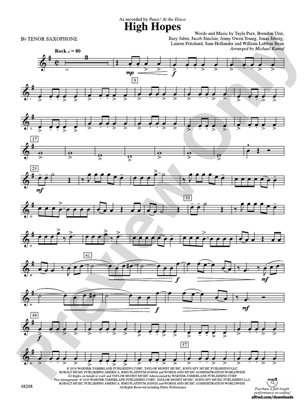 High Hopes: B-flat Tenor Saxophone: B-flat Tenor Saxophone Part - Digital Sheet Music Download