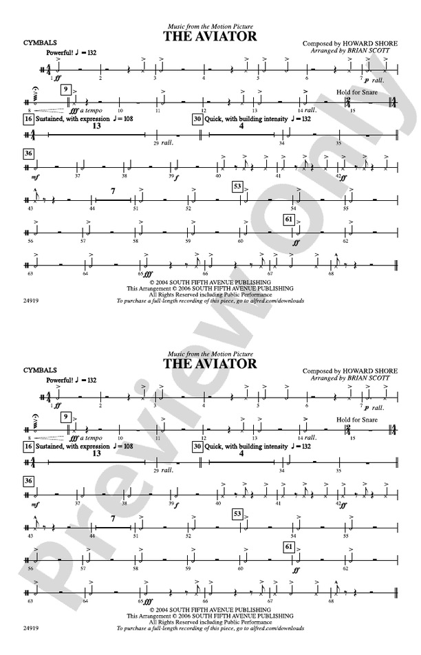 The Aviator: Cymbals: Cymbals Part - Digital Sheet Music Download