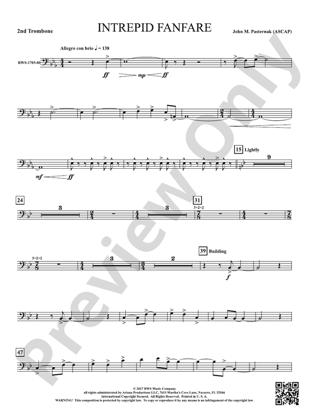 Intrepid Fanfare: 2nd Trombone: 2nd Trombone Part: John M. Pasternak - Digital Sheet Music Download