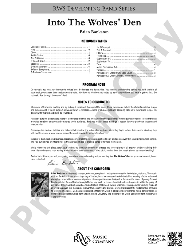 Into the Wolves' Den: Concert Band Conductor Score & Parts: Brian ...