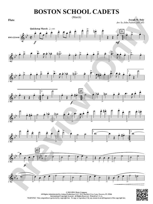 Boston School Cadets - March: 1st Flute: 1st Flute Part: Joseph M. Daly ...