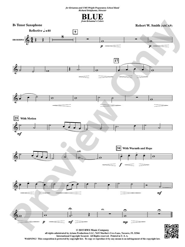 Blue: B-flat Tenor Saxophone: B-flat Tenor Saxophone Part: Robert W. Smith - Digital Sheet Music ...